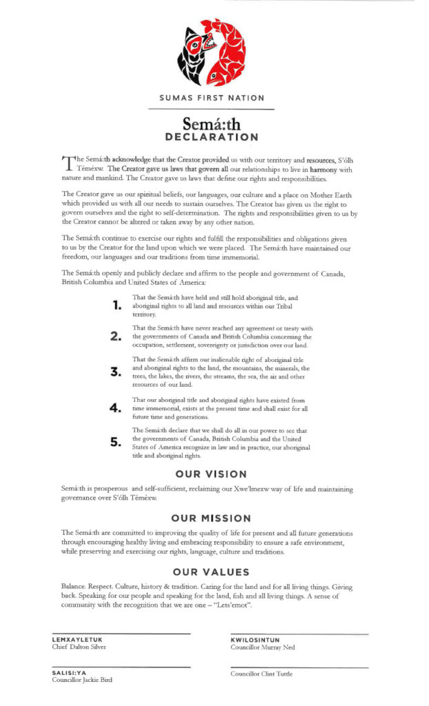 Semá:th Declaration : Sumas First Nation